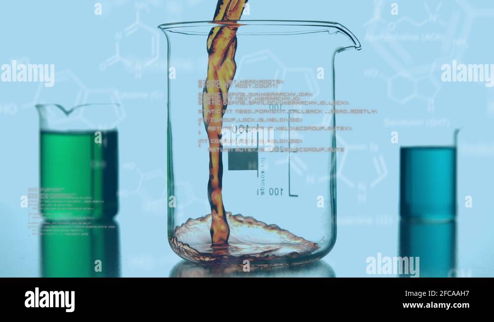 Laboratory beakers with data and structural formula of chemical ...