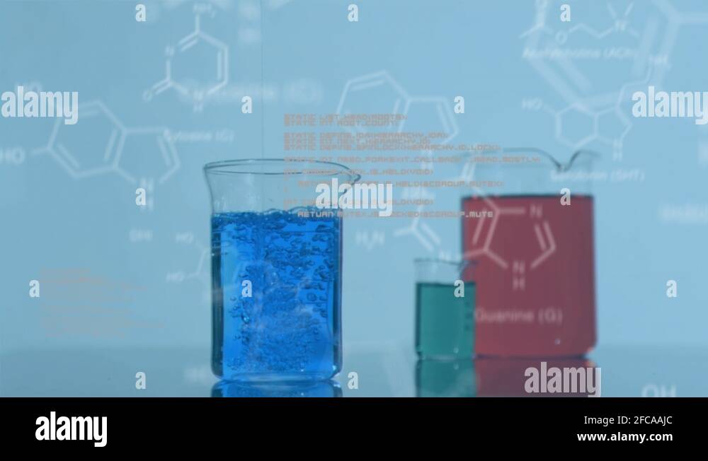Laboratory beakers with data and structural formula of chemical ...