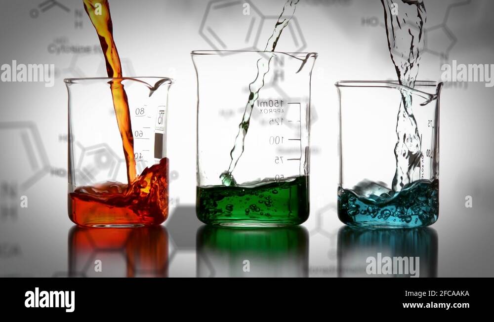 Laboratory beakers with data and structural formula of chemical ...