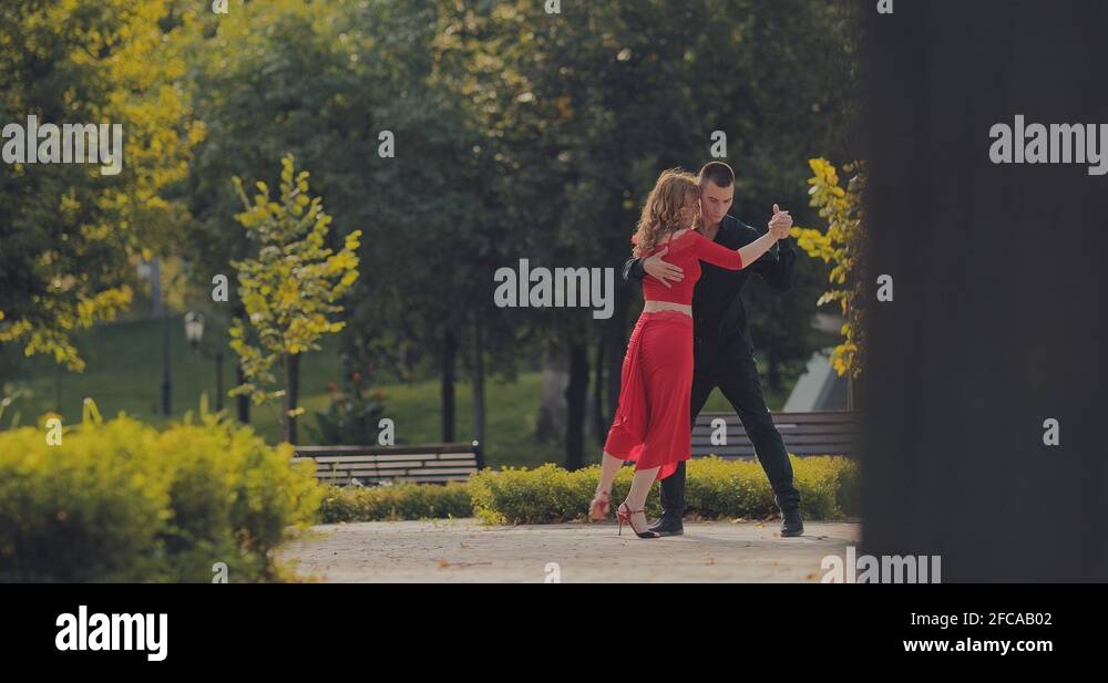 Synchronized steps of dancers, passionate tango in the park. Beautiful ...