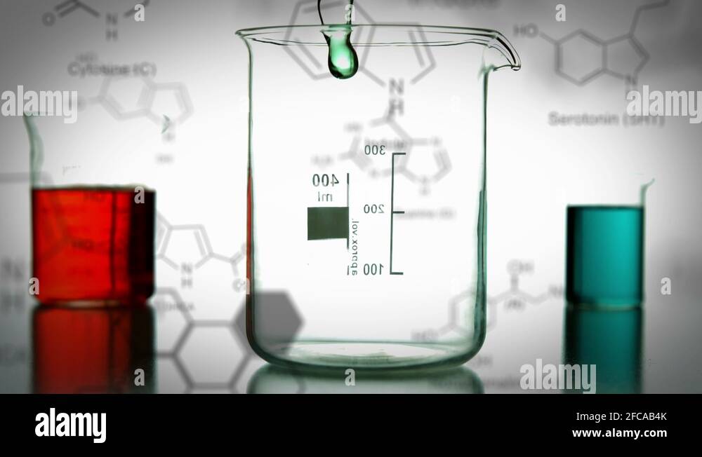 Laboratory beakers with data and structural formula of chemical ...