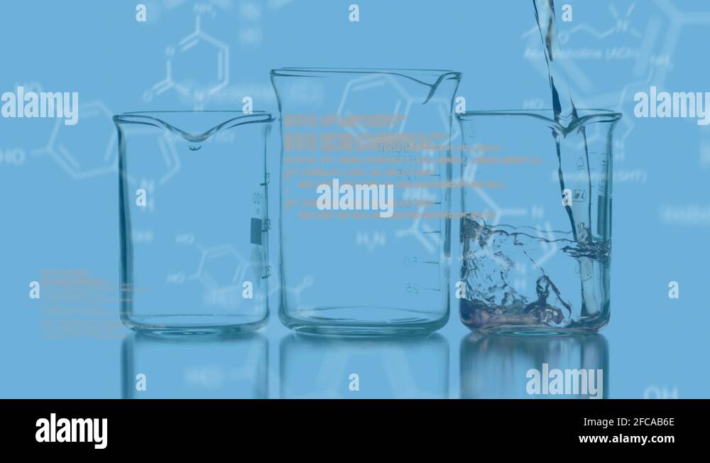 Laboratory beakers with data and structural formula of chemical ...