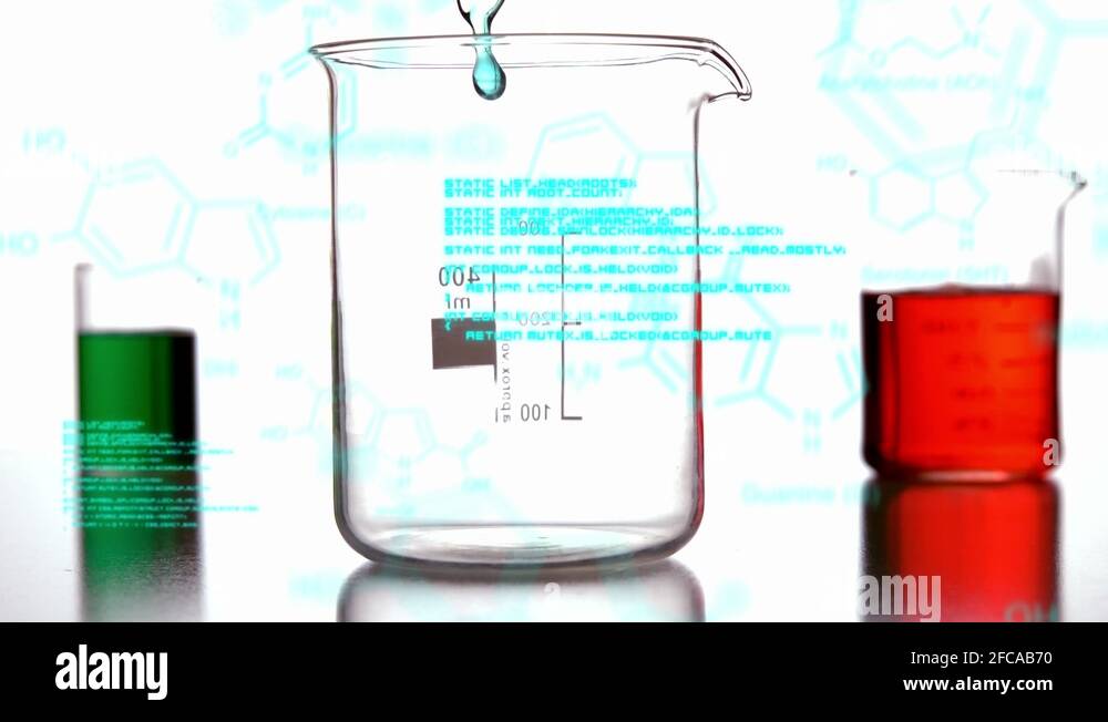 Laboratory beakers with data and structural formula of chemical ...