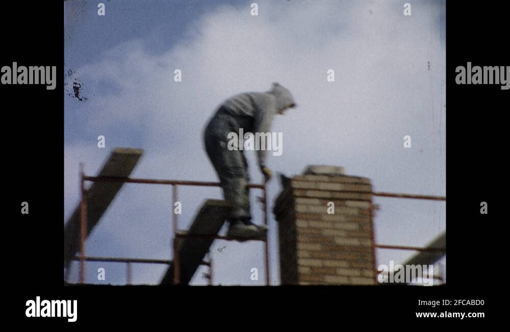 1960s Man Mason Bricklayer Works on Scaffold Lays Brick Vintage Film ...
