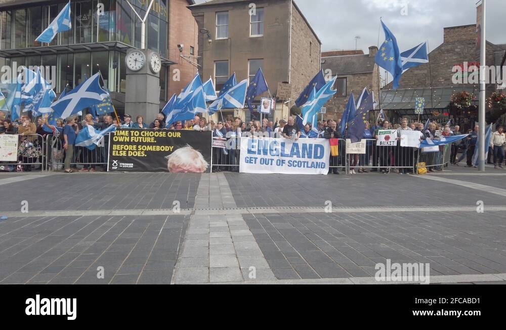 Scottish protesters and their flags outside the Perth Concert Hall ...