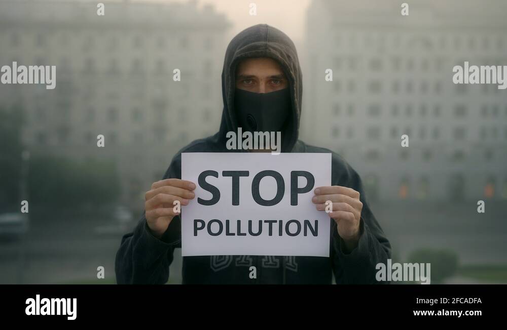 People in respiratory look at camera backdrop city fog banner stop ...