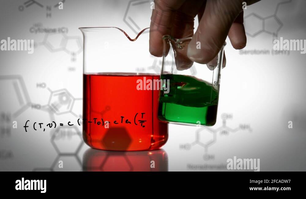 Laboratory beakers with data and structural formula of chemical ...