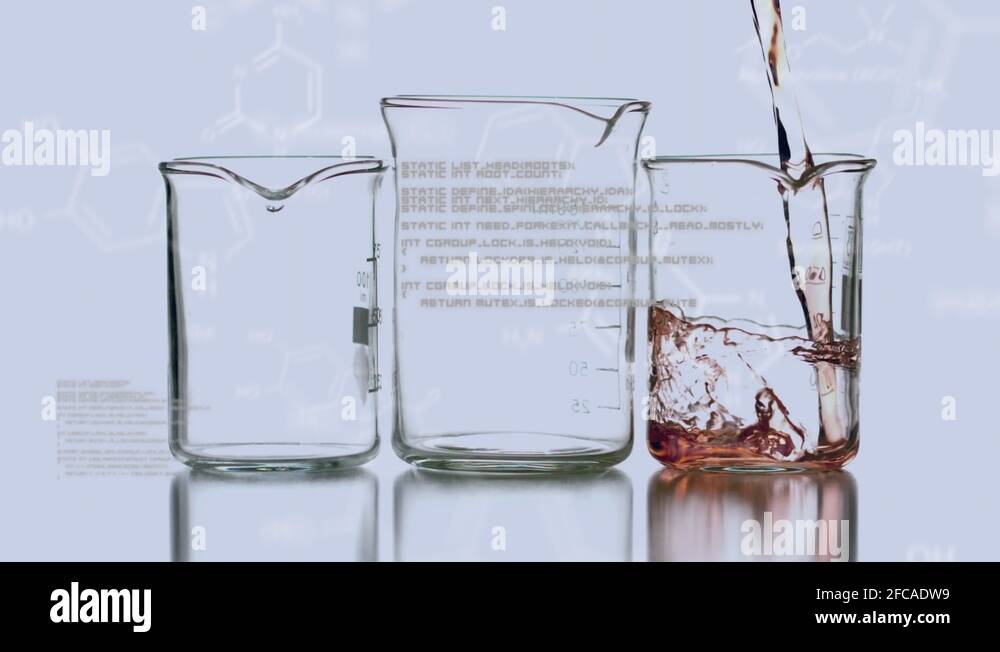 Laboratory beakers with data and structural formula of chemical ...