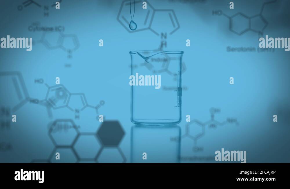 Laboratory beaker with data and structural formula of chemical ...