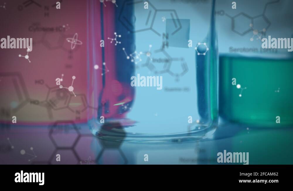 Laboratory beakers with data, molecules and structural formula of ...