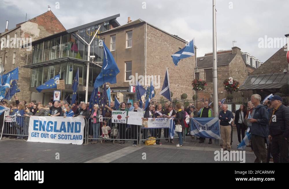 Scottish protesters and their flags outside the Perth Concert Hall ...
