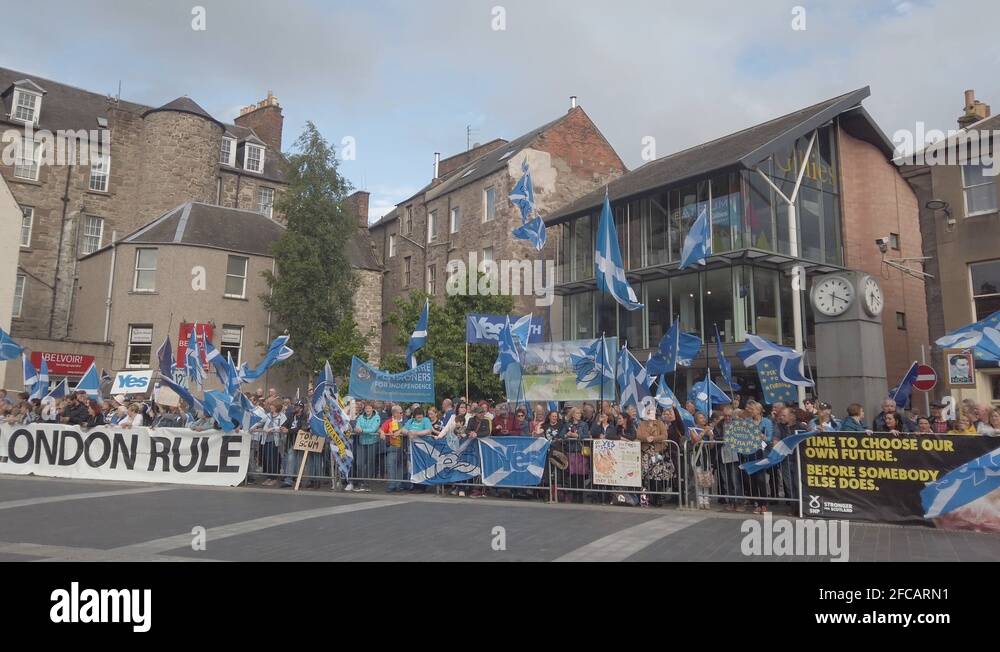Scottish protesters and their flags outside the Perth Concert Hall ...