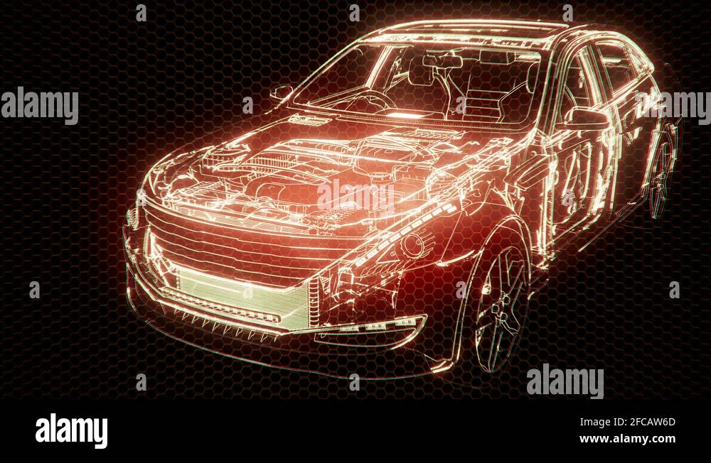 Holographic animation of 3D wireframe car model with engine Stock Video ...
