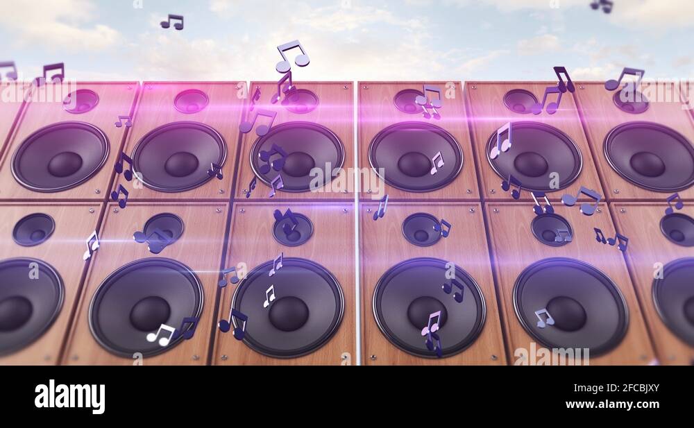 Vintage Cabinet Speakers Playing Music On Stage. Musical Notes Flying ...