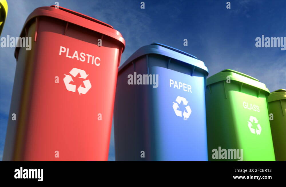 Multi-colored plastic garbage bins with waste type labels and recycle ...