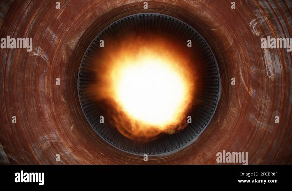 Rocket engine thrust chamber performing a hot fire engine test Stock ...