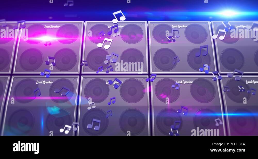 Powerful Guitar Speakers Playing Music On Stage. Musical Notes Flying ...
