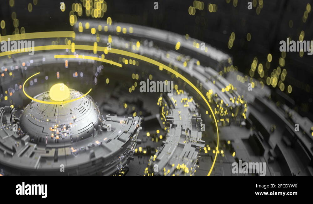 Rotating sci-fi machinery with yellow LEDs seamless loop 3D render ...