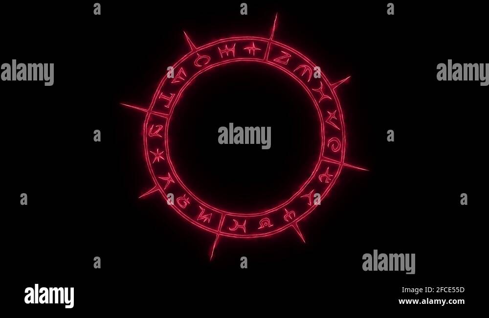 Rotating white outline occult circle with mystical symbols with burning ...