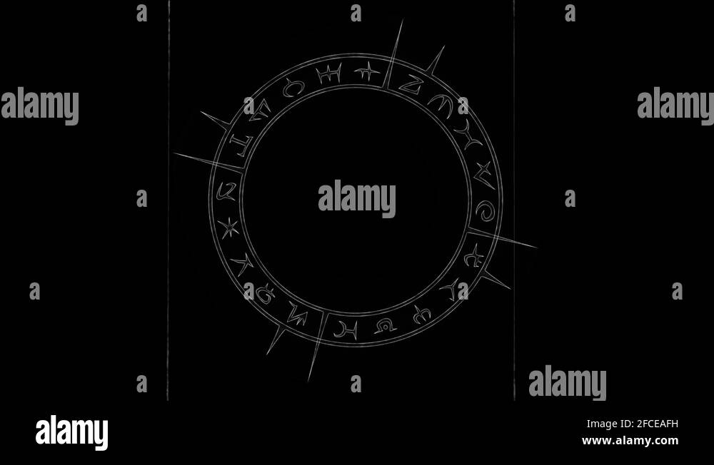 White outline occult circle with rotating parts and mystical symbols ...