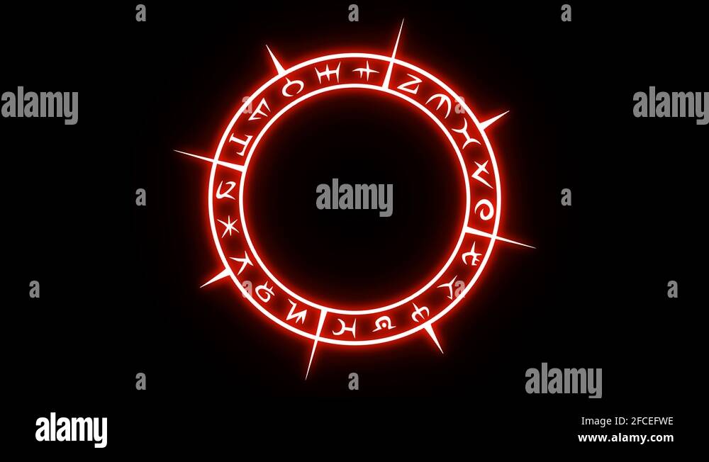 Rotating white occult circle with mystical symbols with pulsing red ...