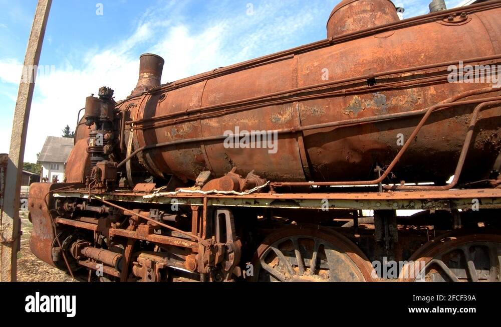 4K Backwardsing left pan old rusty steam locomotive, Railway Museum ...