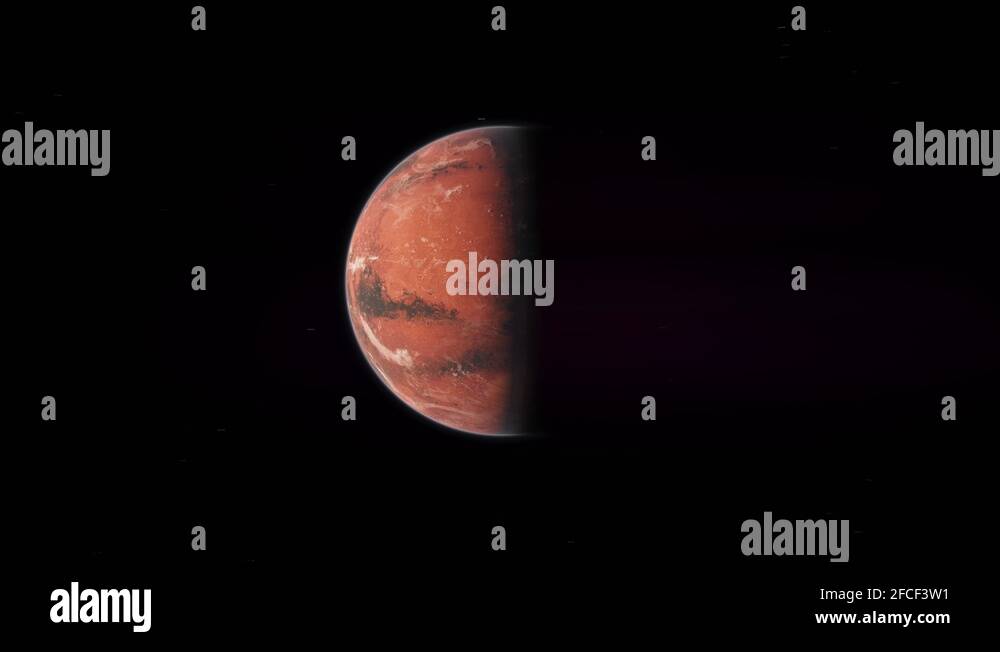 Mars in shadow rotating closer reveals red textured surface, Isolated ...