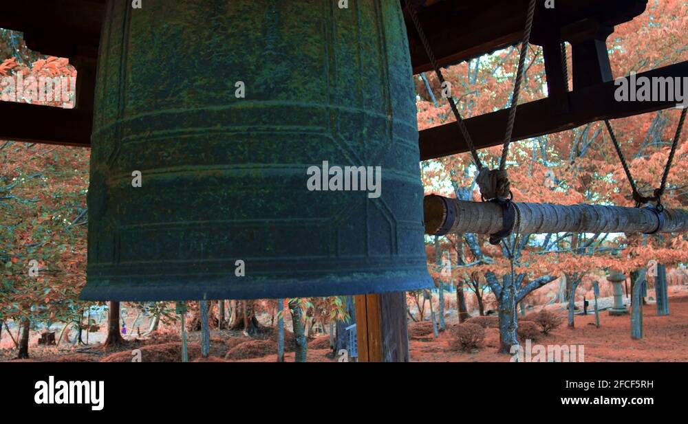 Big Japanese bell surrounded by trees in the autumn season in Kyoto ...