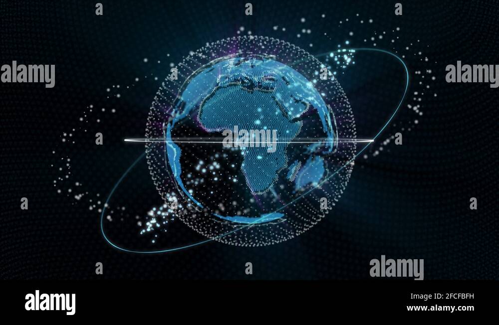 3D animation of earth with orbit rings and particular sphere. Rotating ...