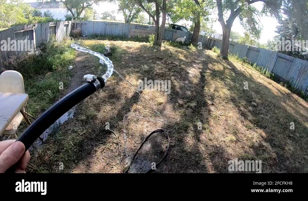 SLOW MOTION - Shaking water out of a hose into the air and onto the ...