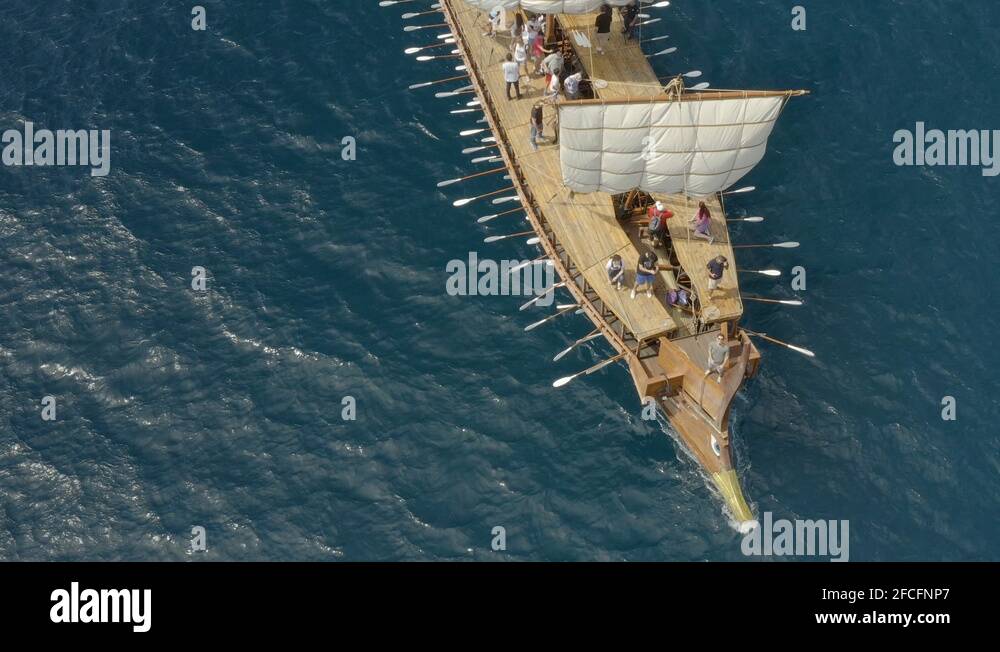 Trireme Ancient Greek Oar Sail Warship 4K Drone Aerial Full Scale ...