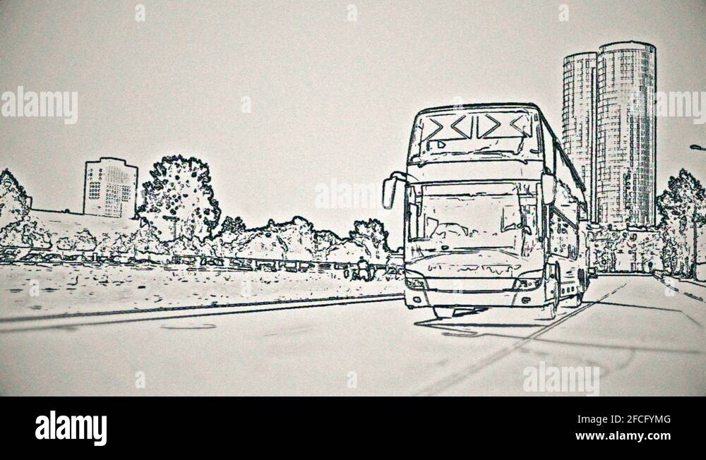 Cartoon Blueprint Bus is Driving on the road. Big buildings in the ...