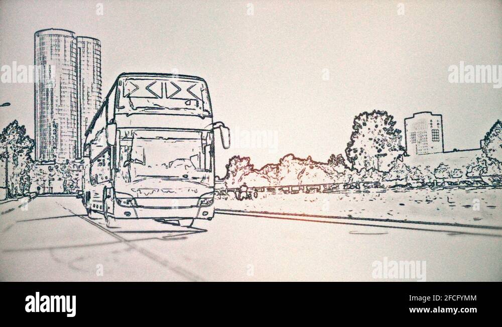 Cartoon Blueprint Bus is Driving on the road. Big buildings in the ...