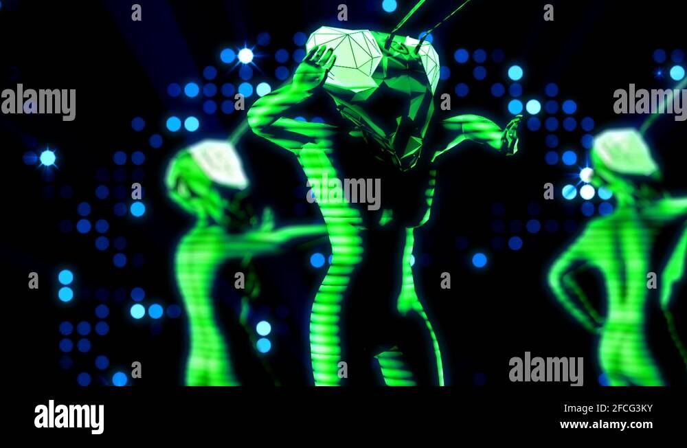looping dancers jumping and dancing wearing LED mantis helmet, inside a ...