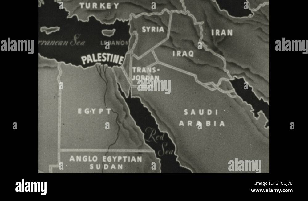 1950s: Map of middle east countries. Ship travels down Suez canal. Man ...