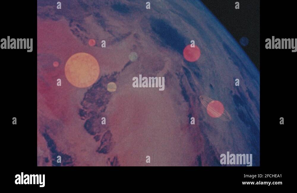 1960s: Illustration of solar system. View of moon's surface. Waves ...