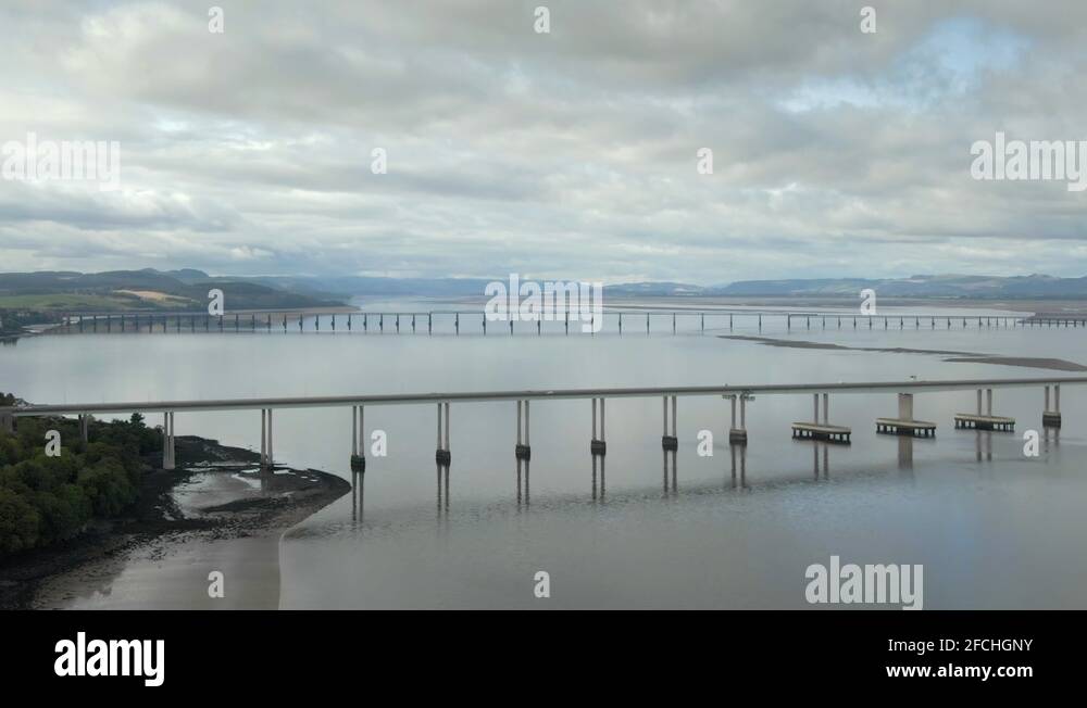 An aerial view of the Tay Road bridge with the rail bridge in the Stock ...