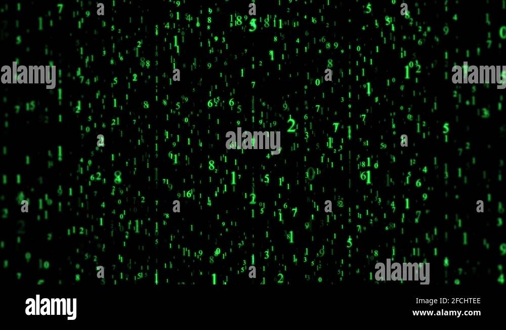 Many green binary numbers moving to moving up and down. Background with ...