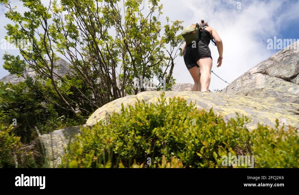 Using an anchored rope to climb a steep mountain trail - concept ...