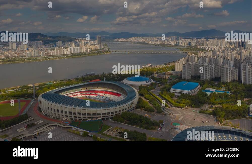 seoul olimpic stadium complex sunny aerial panorama 4k timelapse south ...