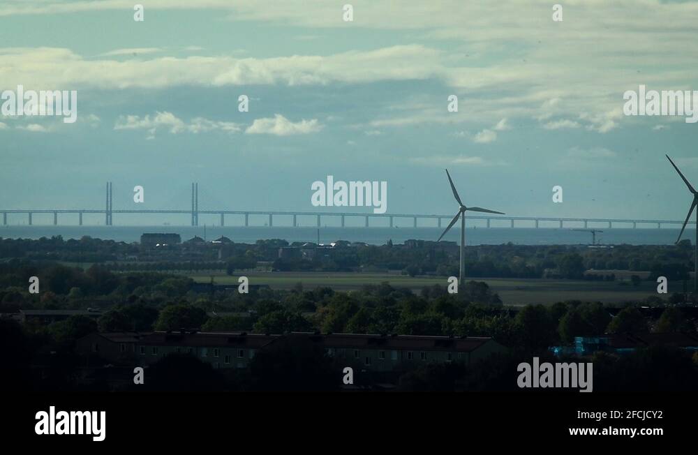 Zoomed in view of the oresund bridge between Malmo and Copenhagen ...