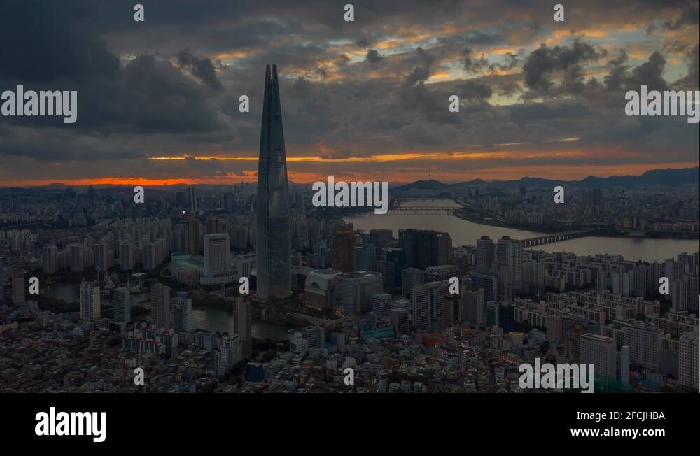 seoul tower riverside city sunset sky aerial panorama 4k timelapse ...