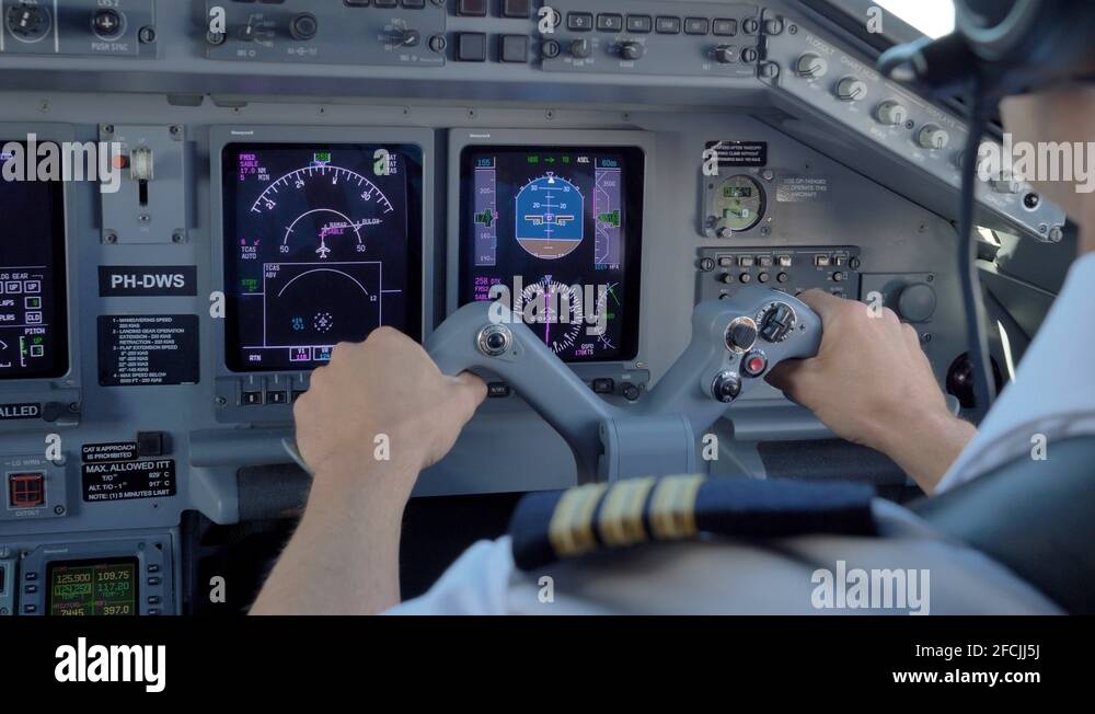 Closeup view of a pilot in an aircraft cockpit controlling the aircraft ...