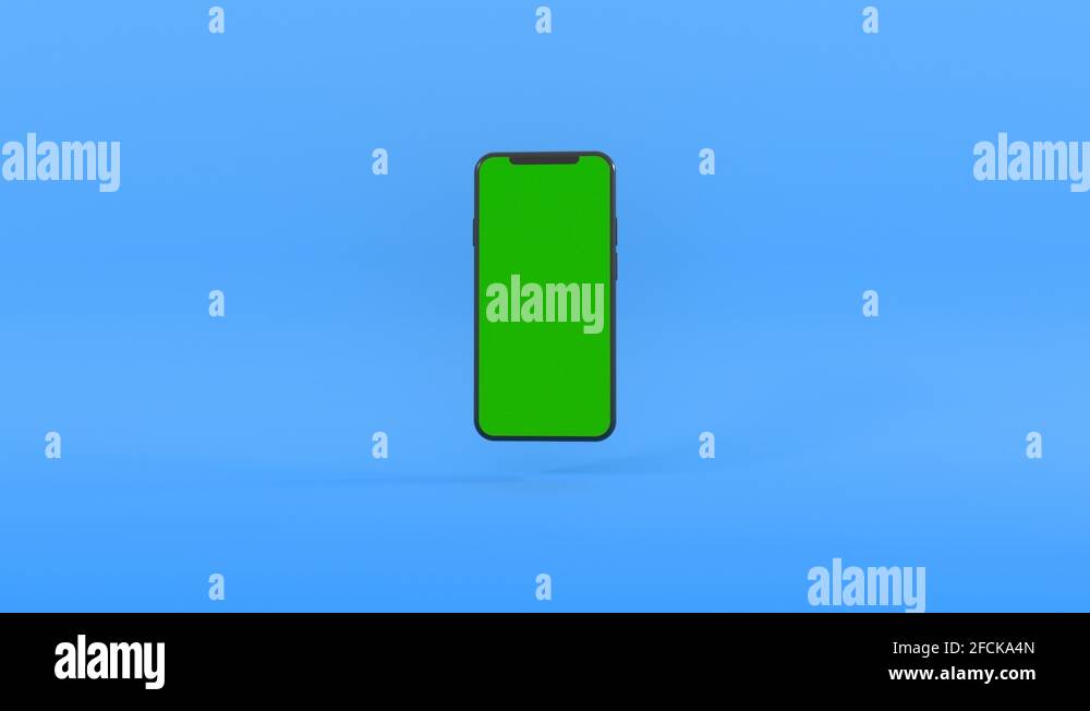 3D render of smartphone falling from up and rotating. Green screen on ...