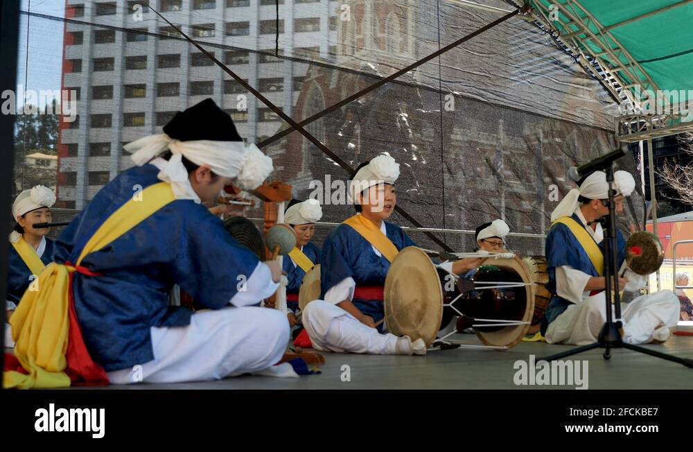 Korean Musicians Playing Traditional Korean Drums and instruments Stock ...