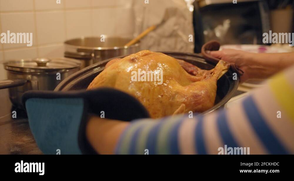 Placing an uncooked Thanksgiving turkey into an oven in slow motion 4K ...