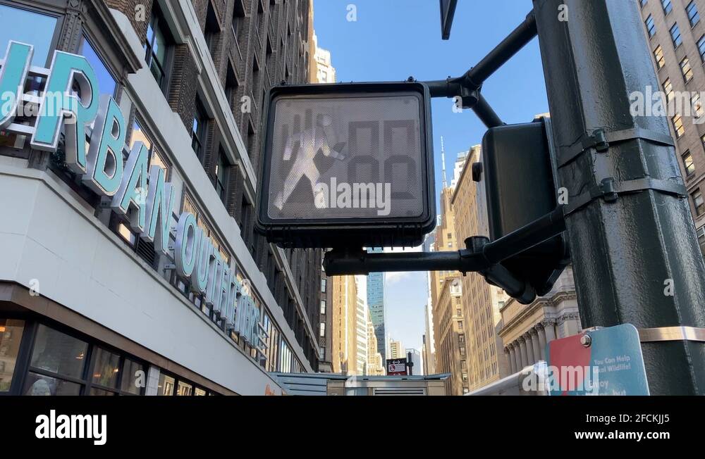 New York USA pedestrian street crossing traffic light countdown 15 ...