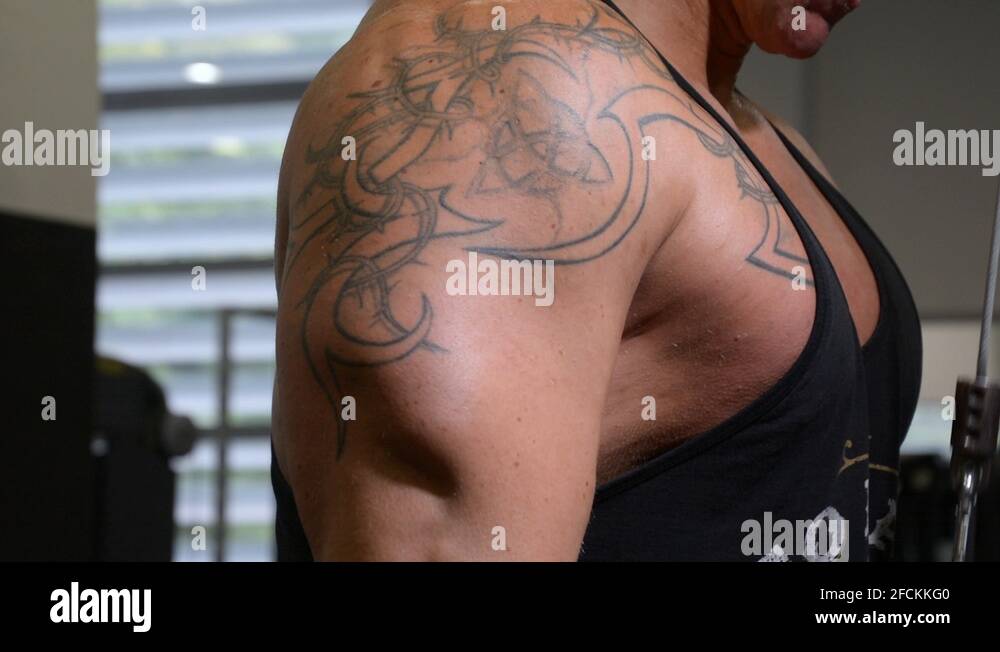 Strong muscular tattooed bodybuilding man doing triceps rope pushdown ...