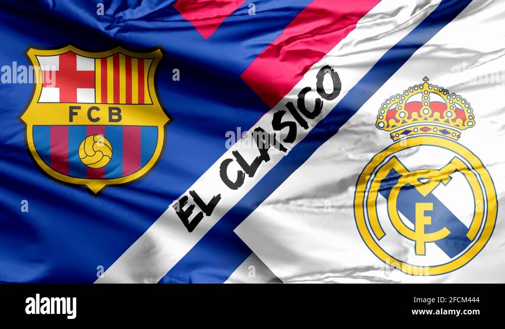 Club Barcelona, Real Madrid, logos with "El clásico" text waving flag ...