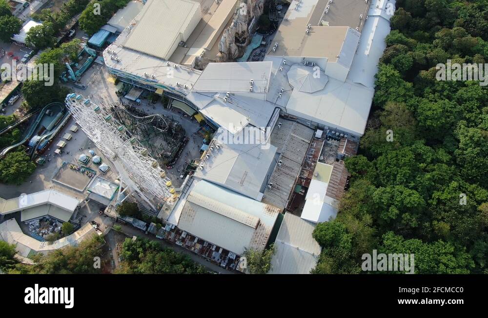 Aerial rotating top view above the Star City theme park,showing rides ...